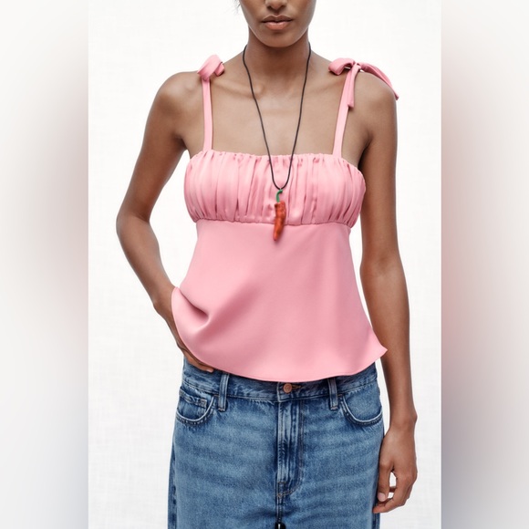 Zara | Tops | Zara Bow Trim Ruched Satin Effect Top | Poshmark